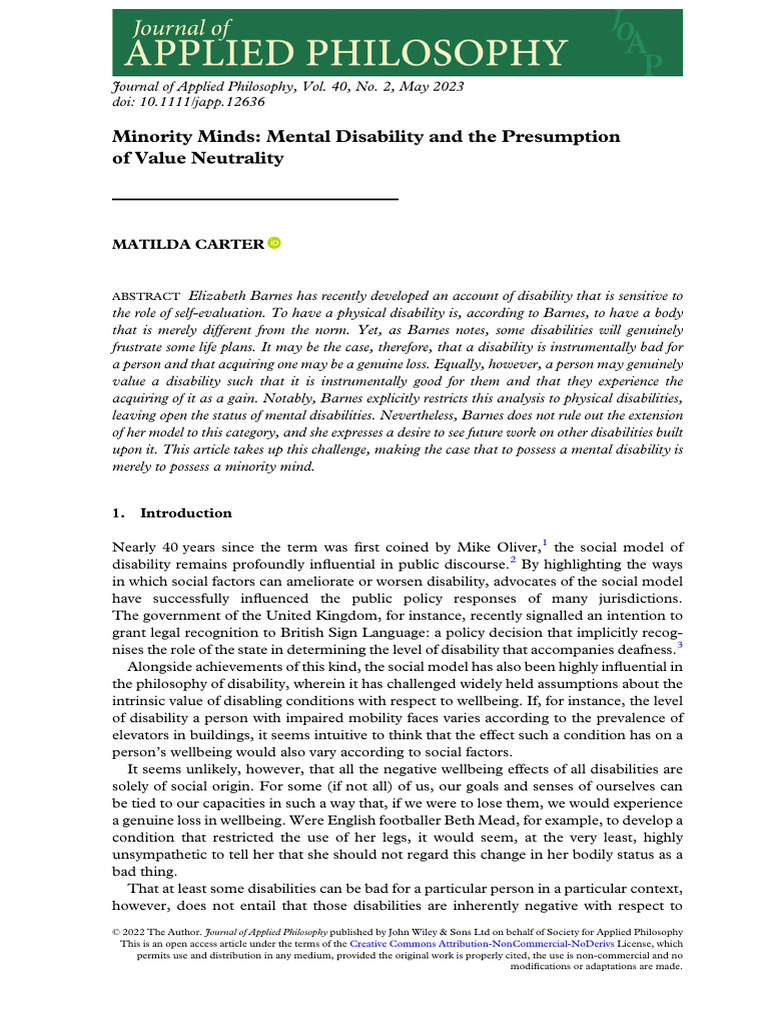 J Applied Philosophy - 2022 - Carter | PDF | Disability | Mental Disorder