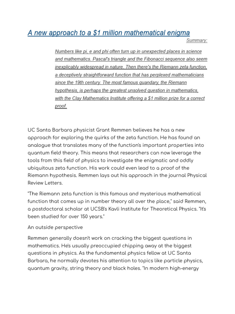 A New Approach To A $1 Million Mathematical Enigma | PDF | Quantum ...