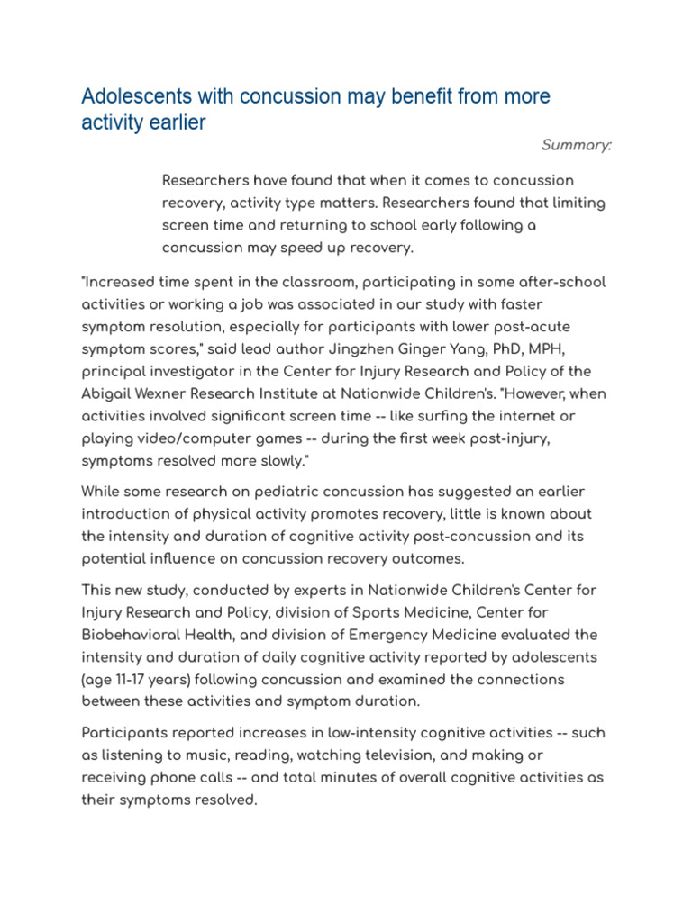 Early Activity Aids Teen Concussion Recovery | PDF | Concussion | Medicine