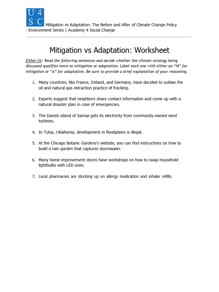 Mitigation vs. Adaptation Worksheet | PDF | Climate Change Mitigation ...