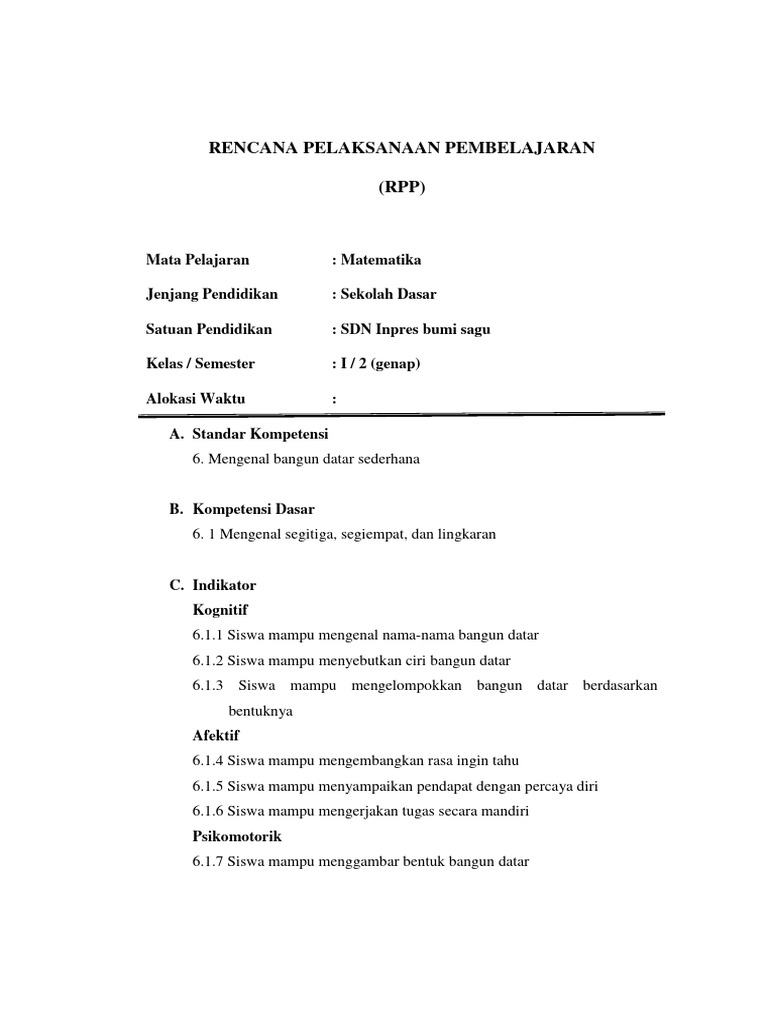 RPP - Kelas 1 | PDF | Seni