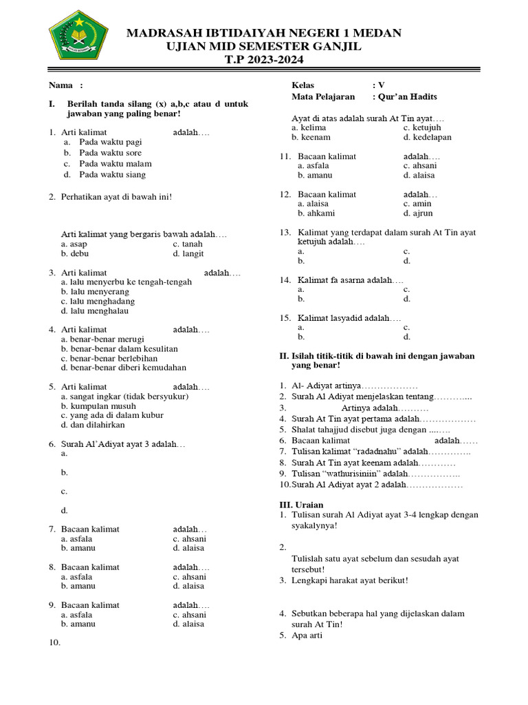 Soal Ujian Mid Semester Ganjil MI 2023 | PDF