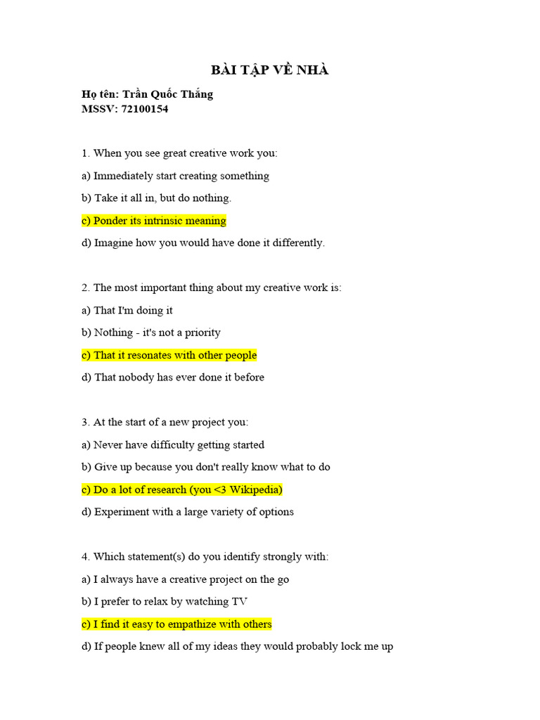 Creative Self-Assessment Quiz | PDF | Art