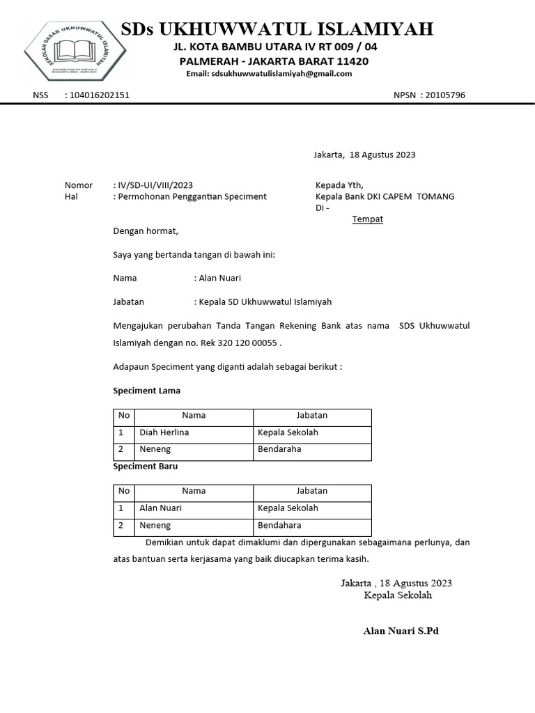 Surat Ganti Specimen Bank | PDF