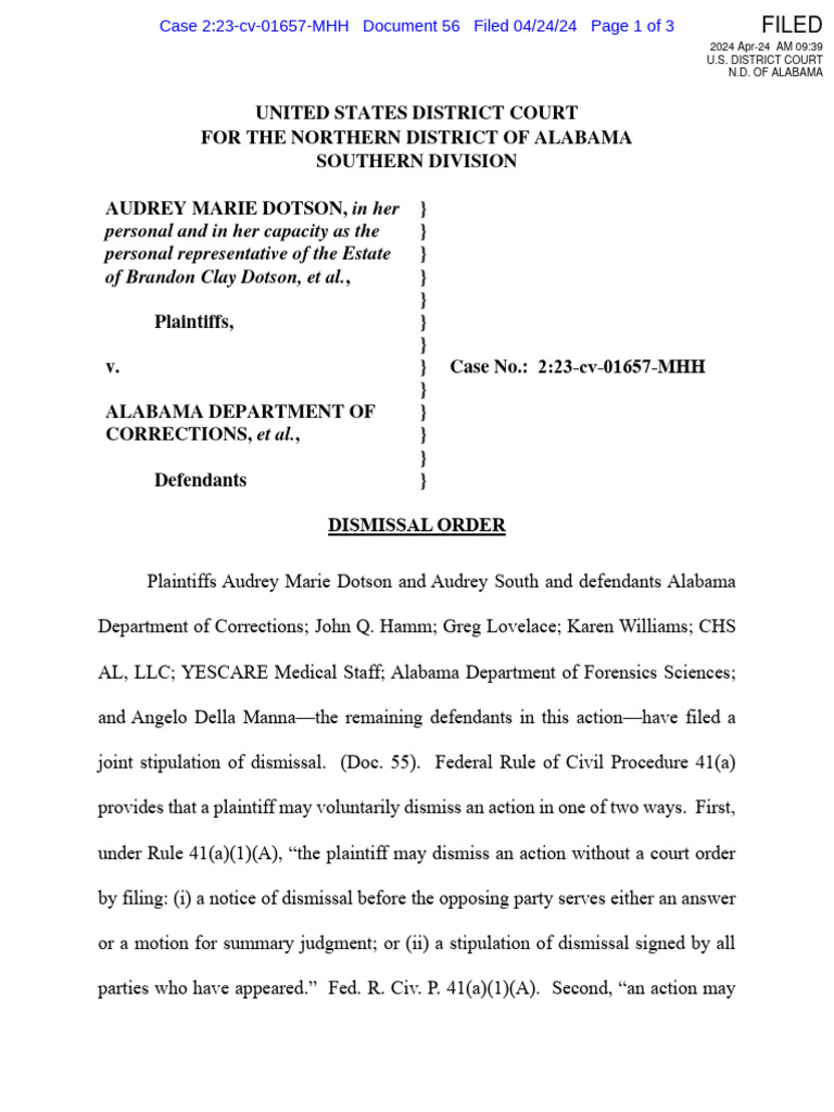 Dismissal Order in Dotson v. Alabama DOC | PDF | Lawsuit | Federal ...