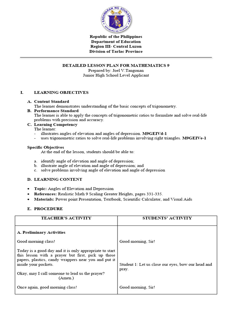 FINAL Detailed Lesson Plan (Angle of Elevation and Depression) | PDF ...