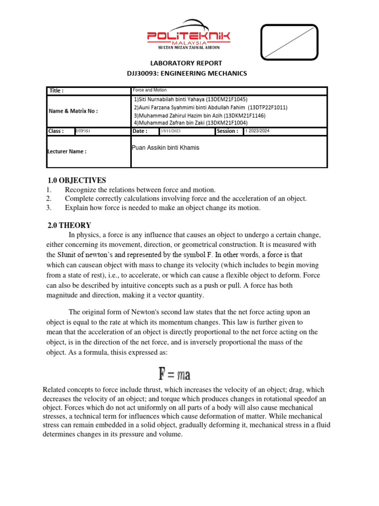 LAB3 FORCE AND MOTION | PDF | Force | Acceleration