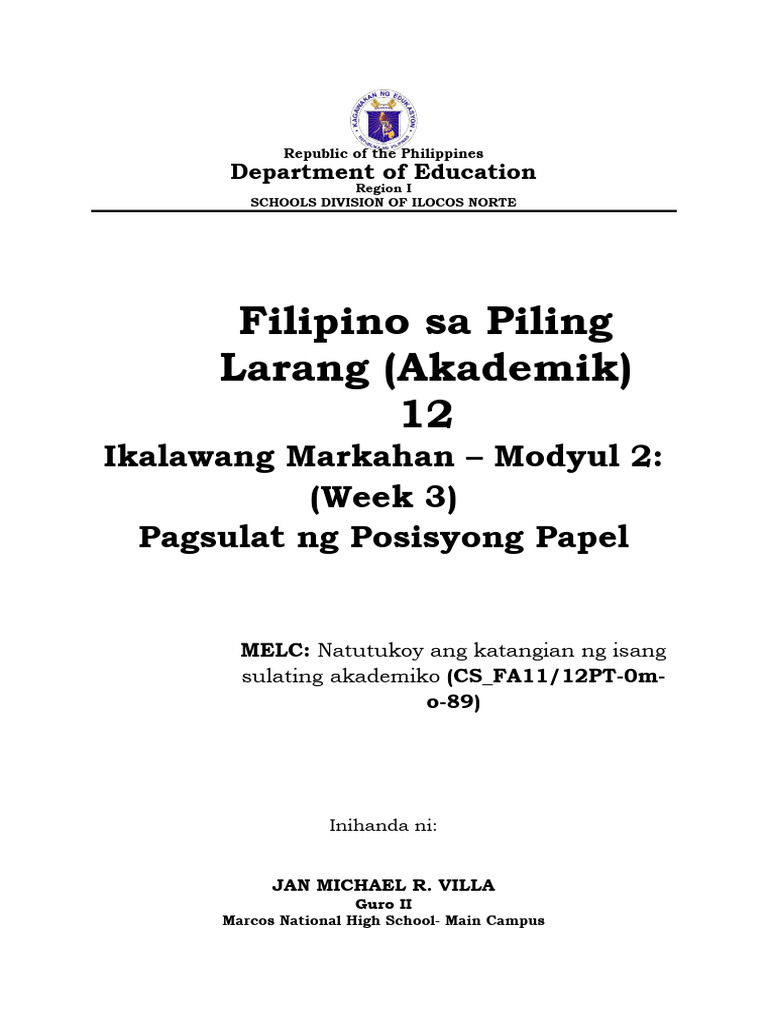 Filipino 12 Q2 Week3 Modyul 2 Pagsulat NG Posisyong Papel Editha Mabanag | PDF