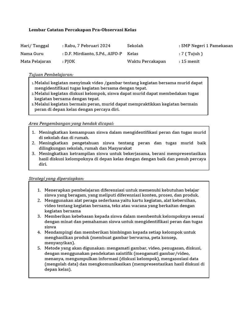 1 - Lembar Catatan Percakapan Pra-Observasi Kelas | PDF