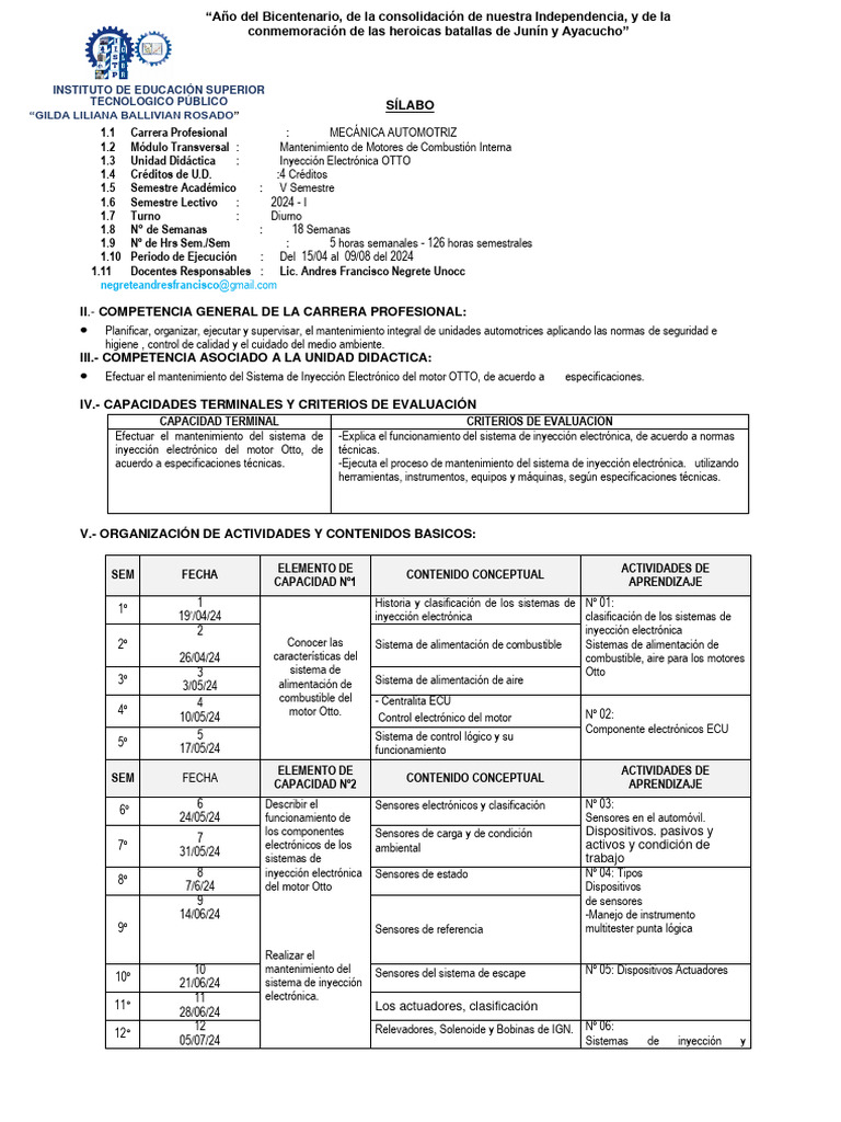 Silabo Inyec Electr 2024-1 | PDF | Evaluación | Inyección de combustible
