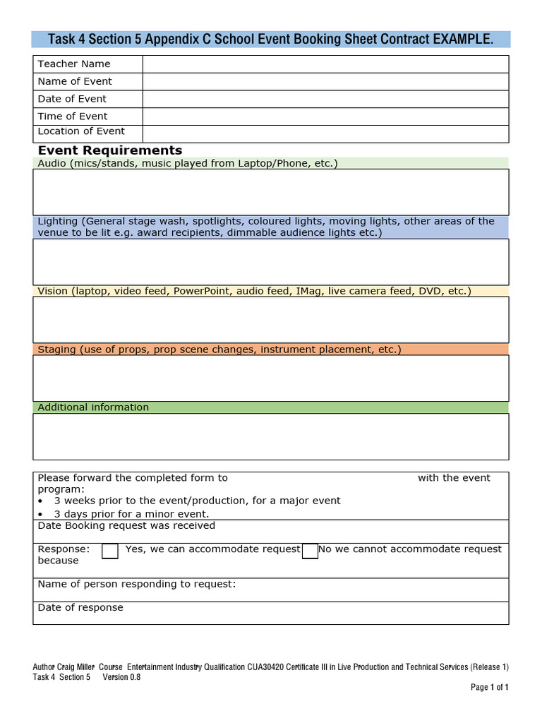Task 4 Section 5 Appendix C School Event Booking Sheet Contract EXAMPLE | PDF