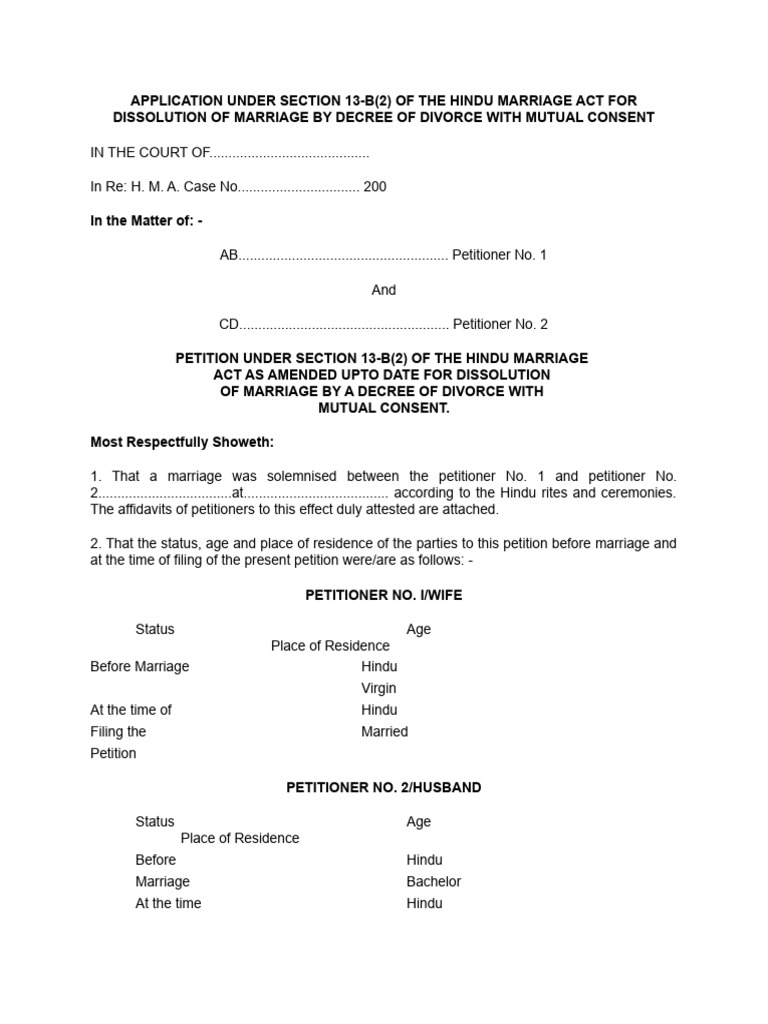 Application Under Section 13-B (2) of The Hindu Marriage Act For Dissolution of Marriage by ...