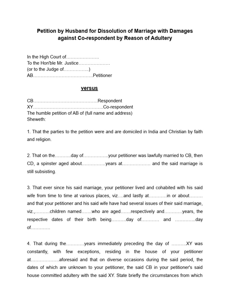 Petition by Husband For Dissolution of Marriage With Damages Against Co ...