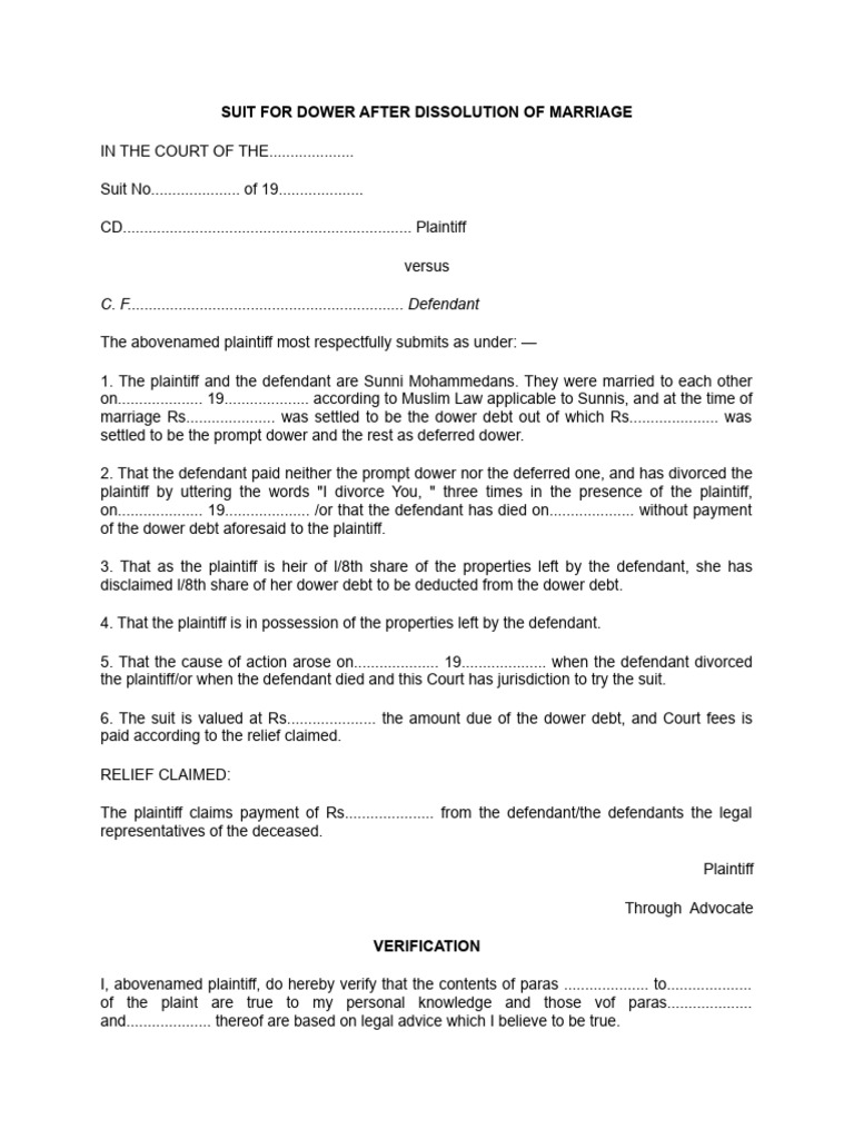 Suit For Dower After Dissolution of Marriage | PDF | Lawsuit | Divorce
