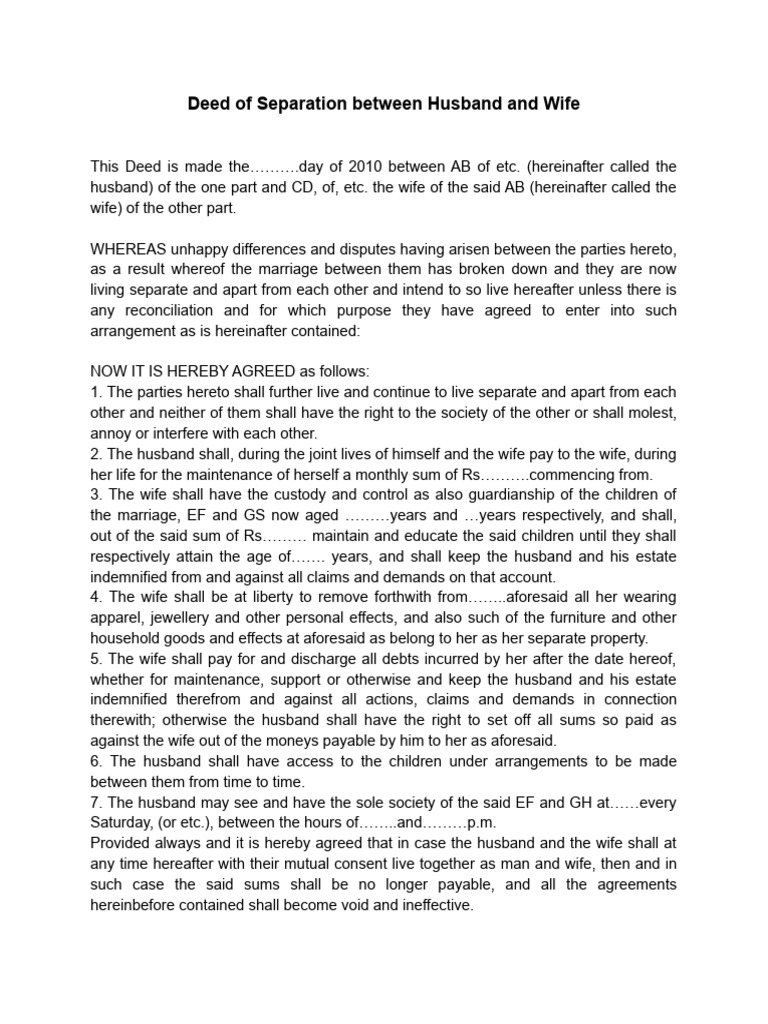 Deed of Separation Agreement Template | PDF | Private Law | Common Law
