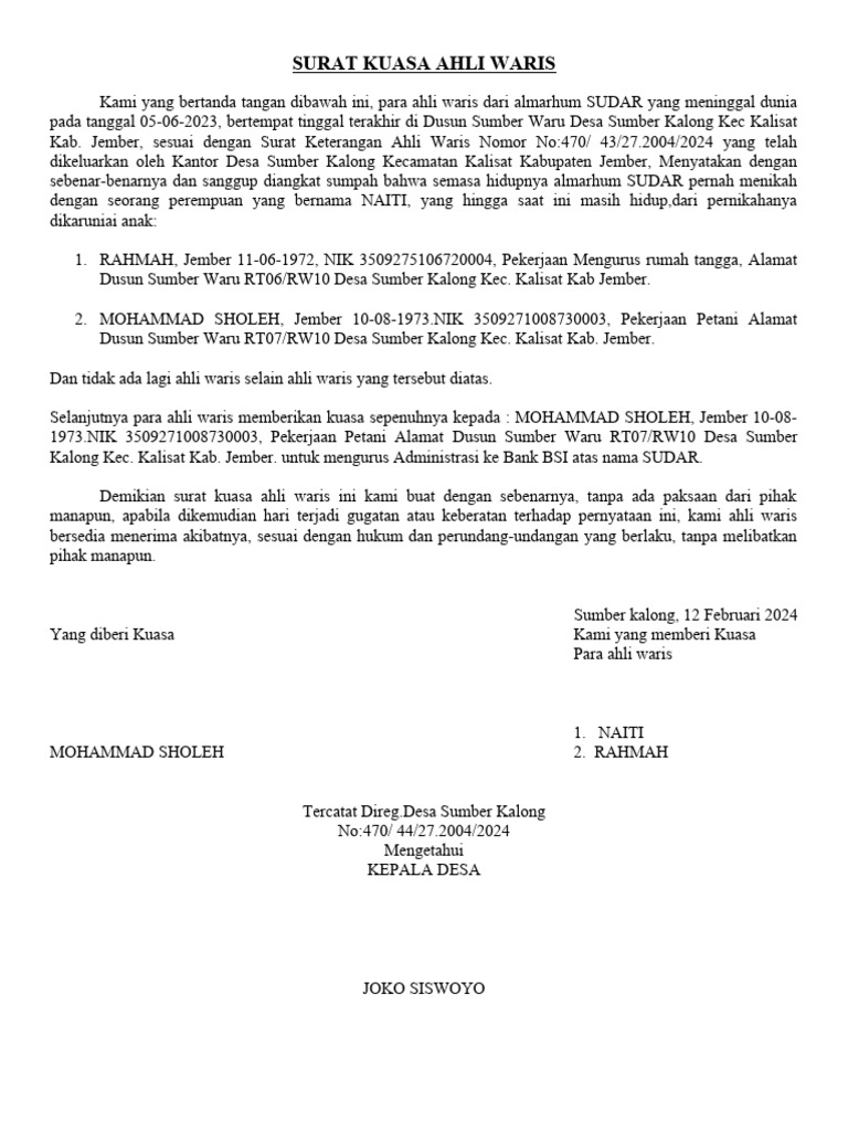 Surat Kuasa Ahli Waris | PDF