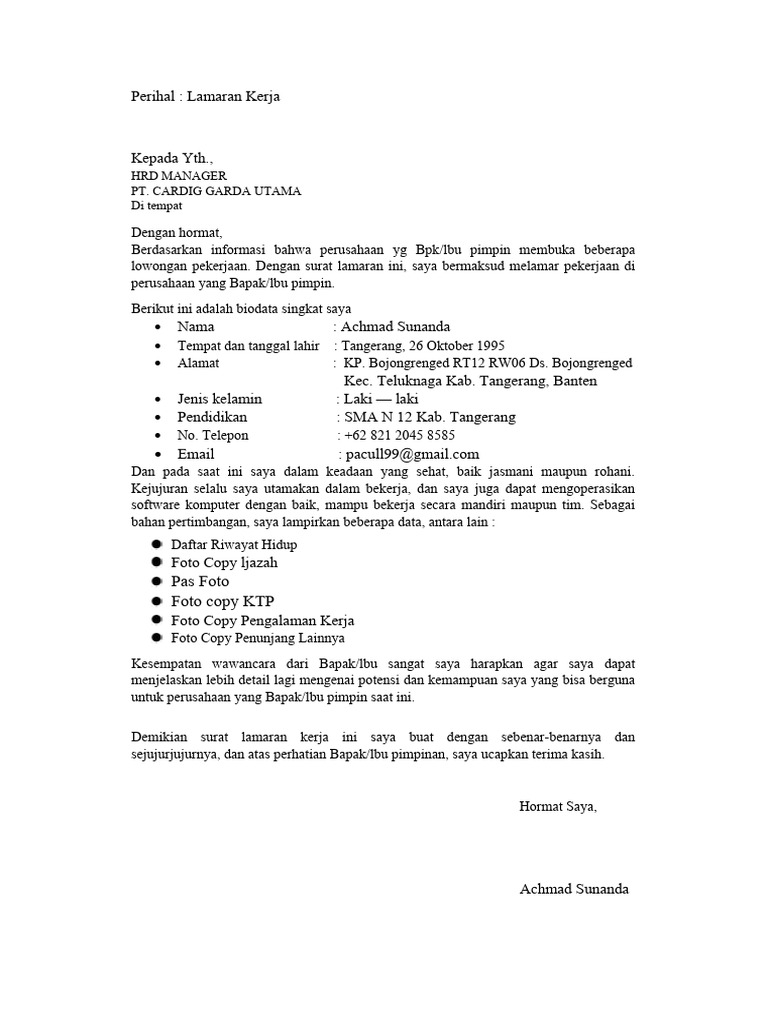 HRD Manager Pt. Cardig Garda Utama Di Tempat: Pas Foto Foto Copy KTP ...