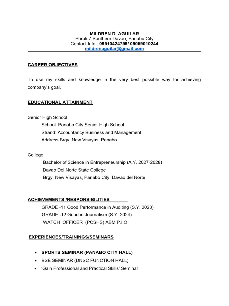 Mildren D. Aguilar's Resume Overview | PDF