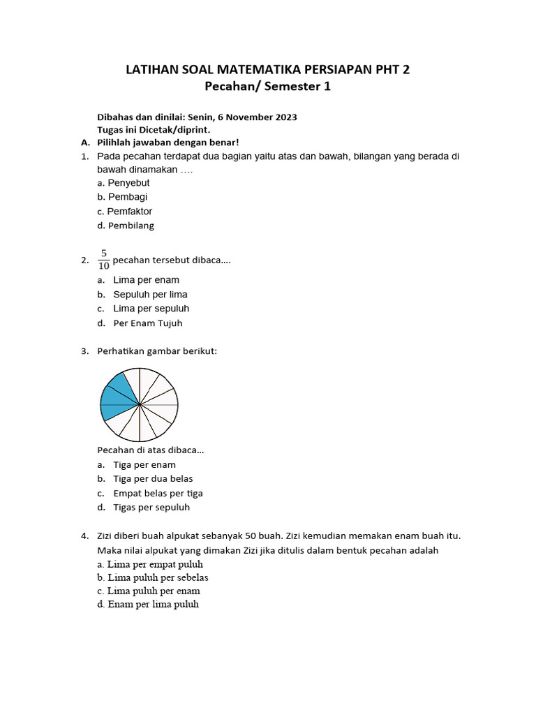 MATEMATIKA LATIHAN SOAL PECAHAN PHT 2 | PDF