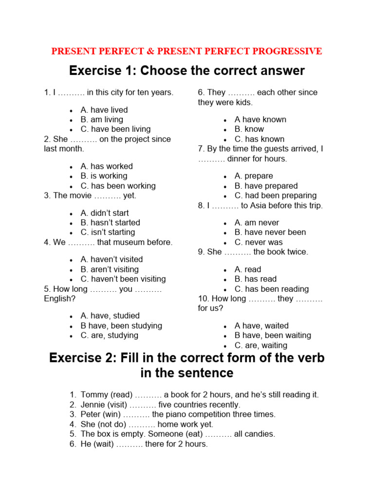 Present Perfect & Present Perfect Progressive | PDF | Language Arts ...