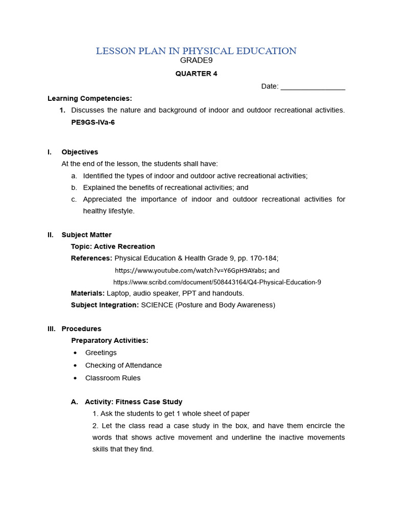 Lesson Plan - PE 9 - Quarter 4 - ACTIVE RECREATION | PDF | Physical ...