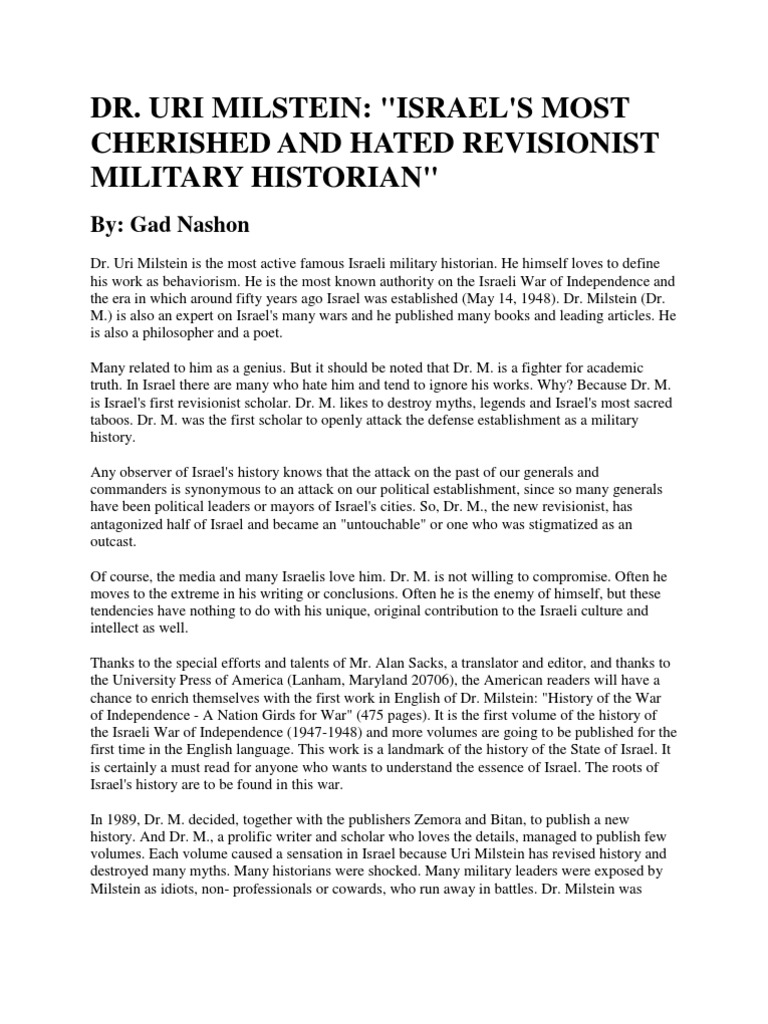 Dr. Uri Milstein - ''Israel's Most Cherished and Hated Revisionist ...