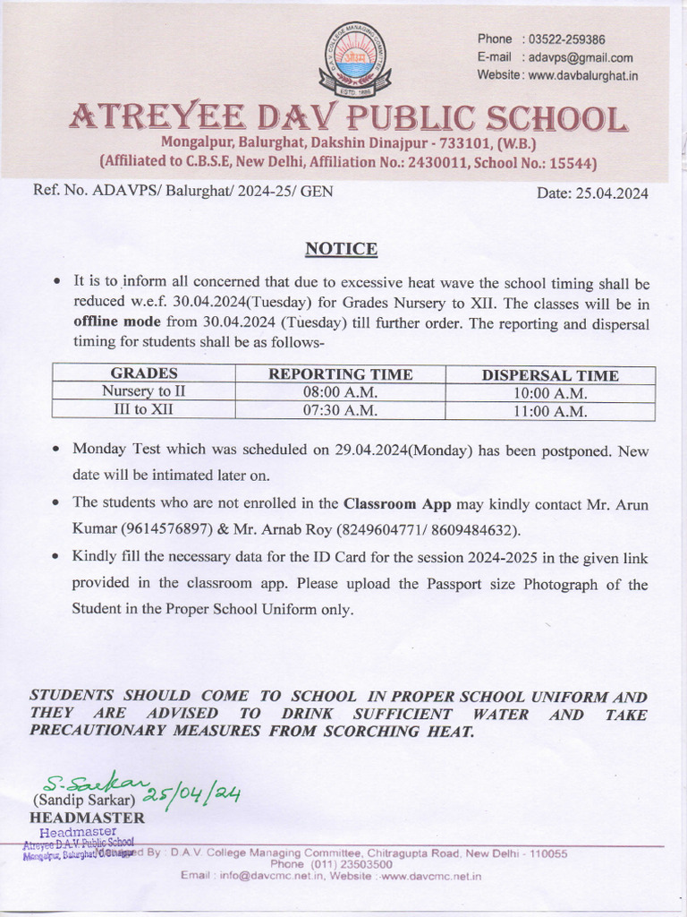 Notice For Students - Nursery To XII - School - Timing - 30.04.2024 | PDF