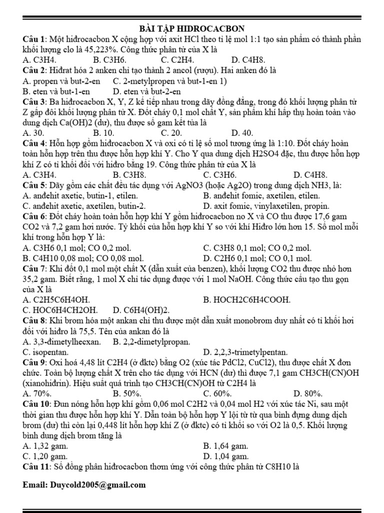 Bài tập Hidrocacbon | PDF