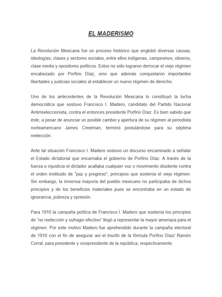 El Maderismo | PDF | revolución mejicana | Ciencias Políticas