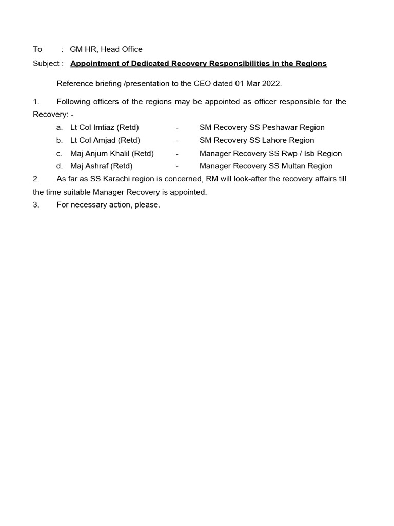 Regional Recovery Officer Appointments | PDF
