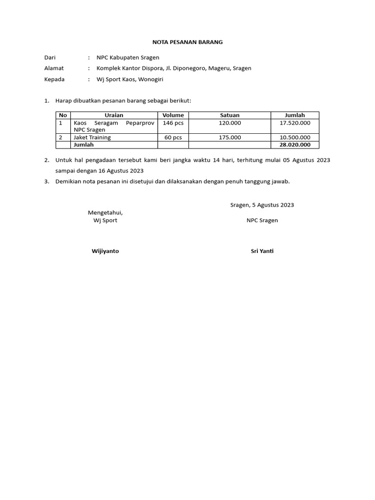 Nota Pesanan Barang | PDF