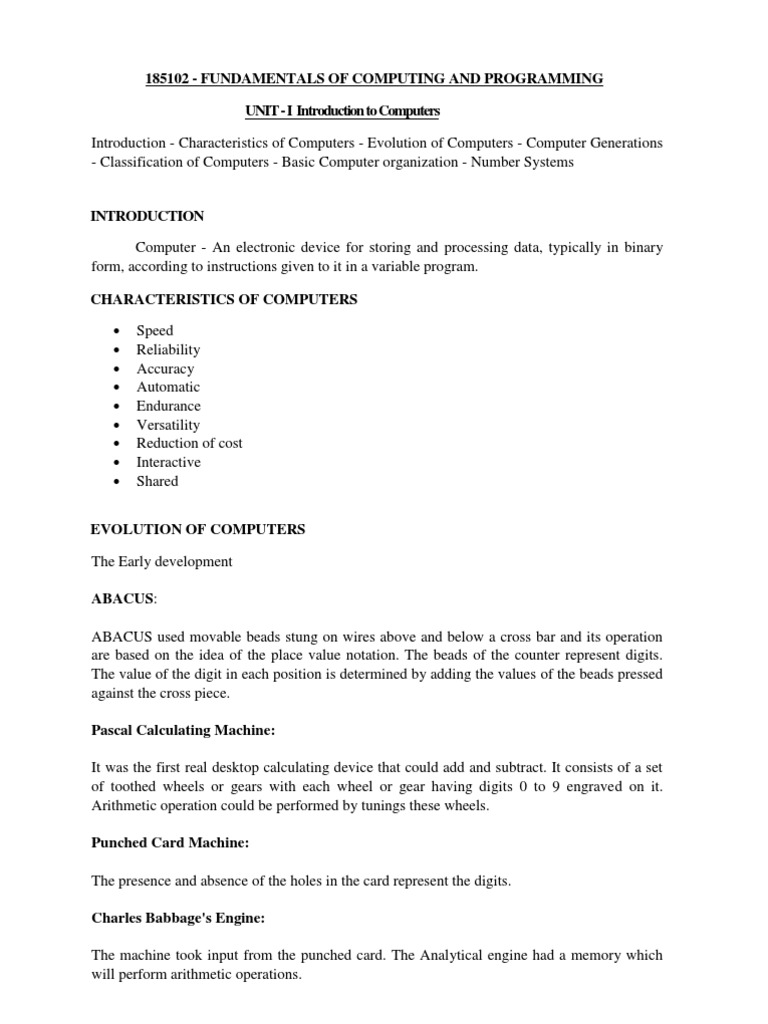 Fundamentals of Computing and Programming UNIT - I Introduction To Computers | PDF | Computer ...