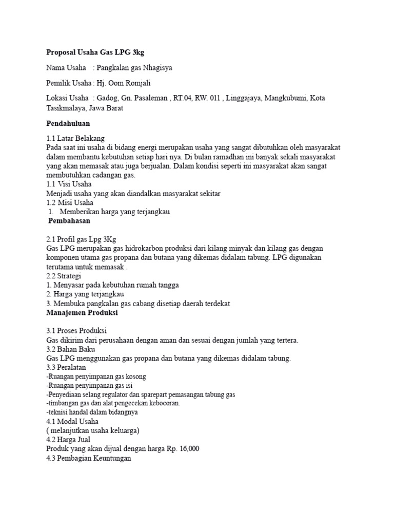 Proposal Usaha Gas LPG 3kg Gisya 1 | PDF