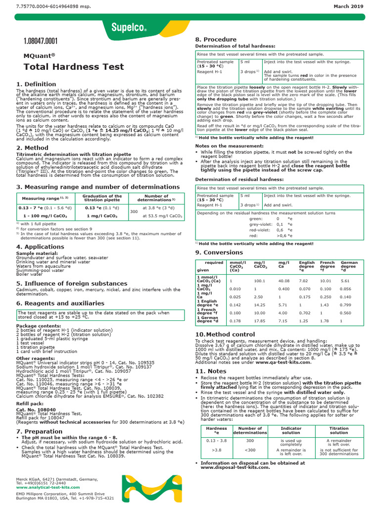 Total Hardness Test: Mquant | PDF | Titration | Chemistry