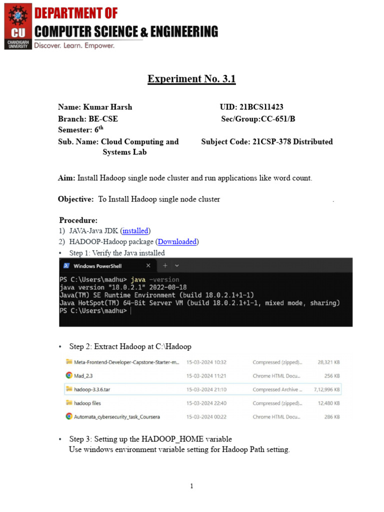 Experiment No. 3.1: 1) JAVA-Java JDK 2) HADOOP-Hadoop Package - Step 1: Verify The Java ...