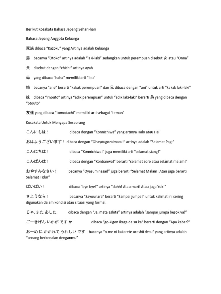 Berikut Kosakata Bahasa Jepang Sehari | PDF
