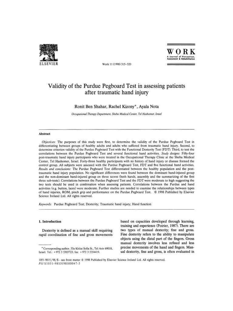 Purdue Pegboard Test1998 | PDF | Physical Therapy | Hand
