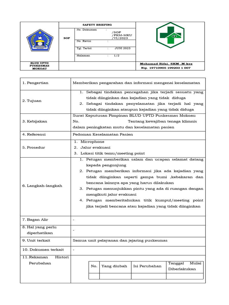 Prosedur Pengarahan Keselamatan Puskesmas | PDF