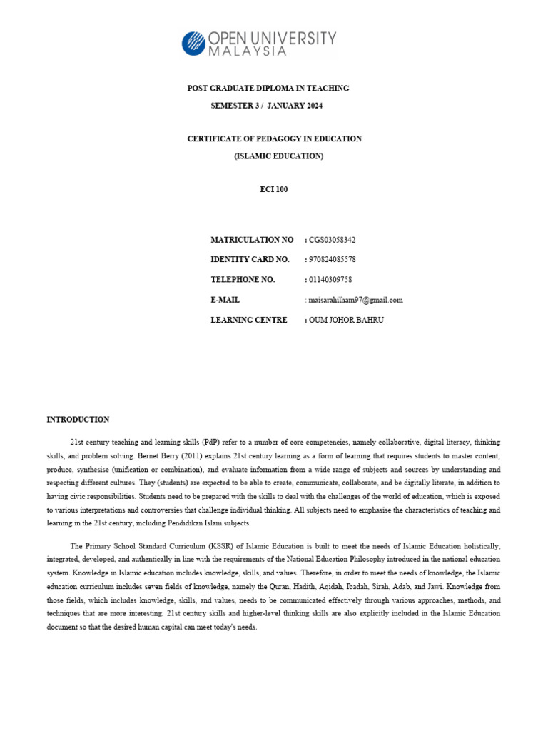 Esaimen Praktikum Pend Islam New | PDF | Teachers | Learning