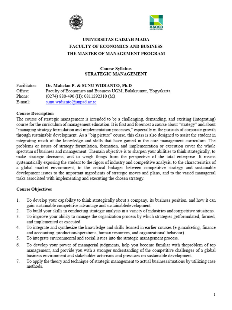 MM-Syllabus of Strategic Management-2023 - Emba53b Update | PDF | Strategic Management | Swot ...