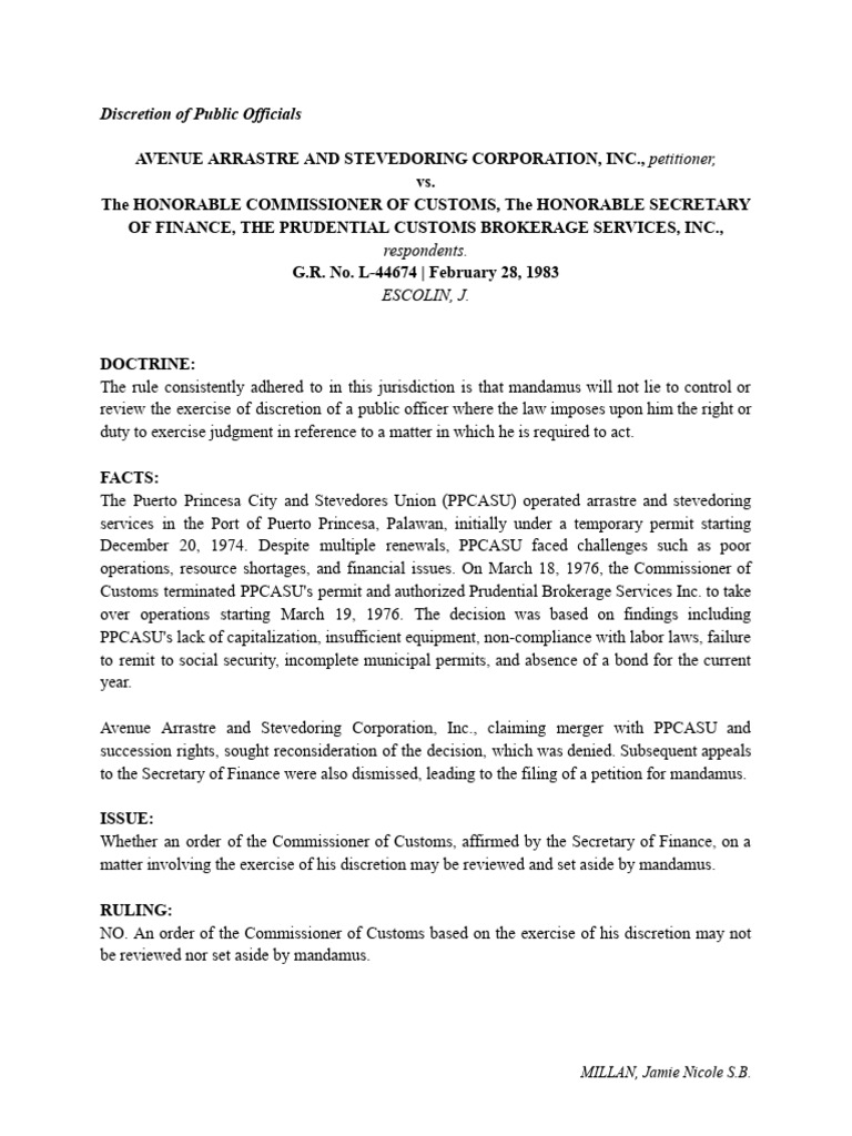 Avenue Arrastre vs. Commisioner of Customs | PDF | Mandamus | Judgment (Law)