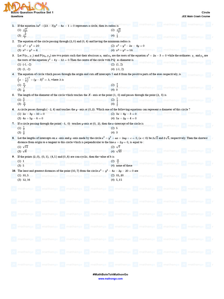 220 Qs - Practice Question Set 1 @IndAlok | PDF | Geometry | Classical ...