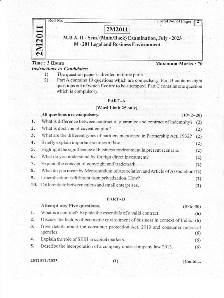 MBA II Semester 2023 Question Paper - Compressed | PDF | Common Law ...