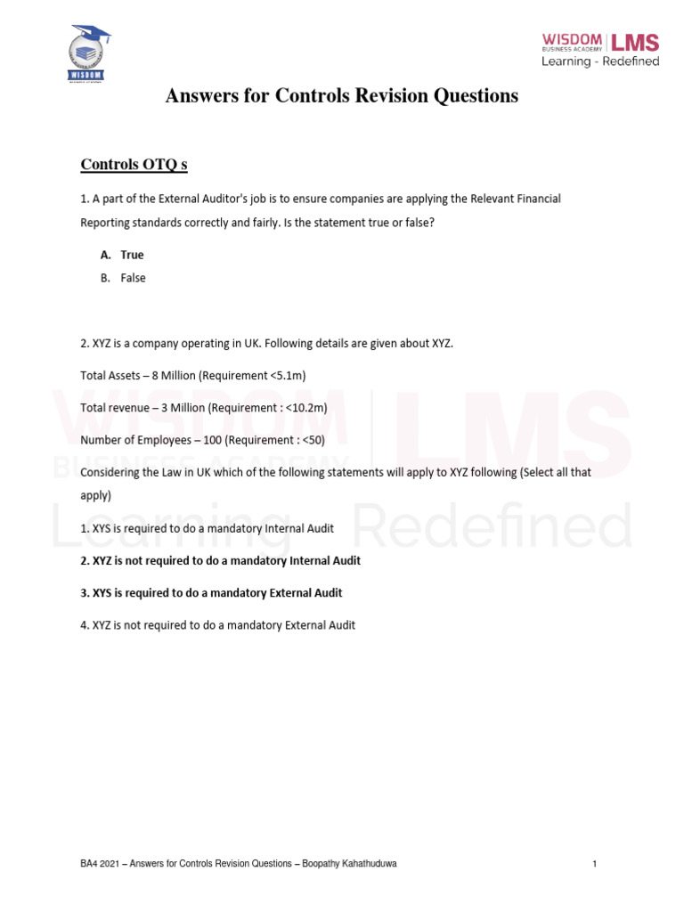 Controls Chapter Revision Questions Answers | PDF | Audit | Financial Audit