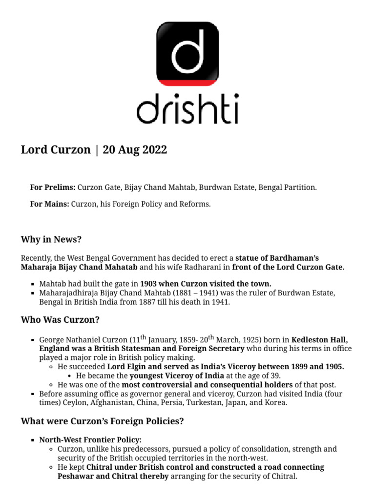 Curzon's Policies and Bengal Partition | PDF | British Raj | Partition ...