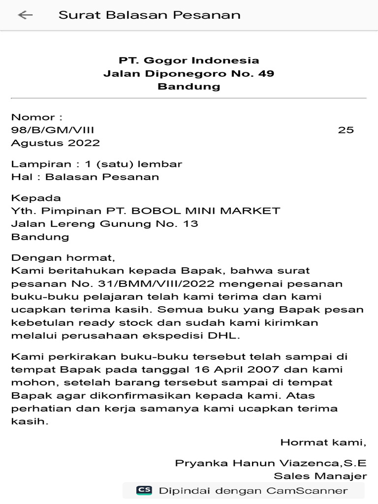 Contoh Surat Balasan Pesanan | PDF