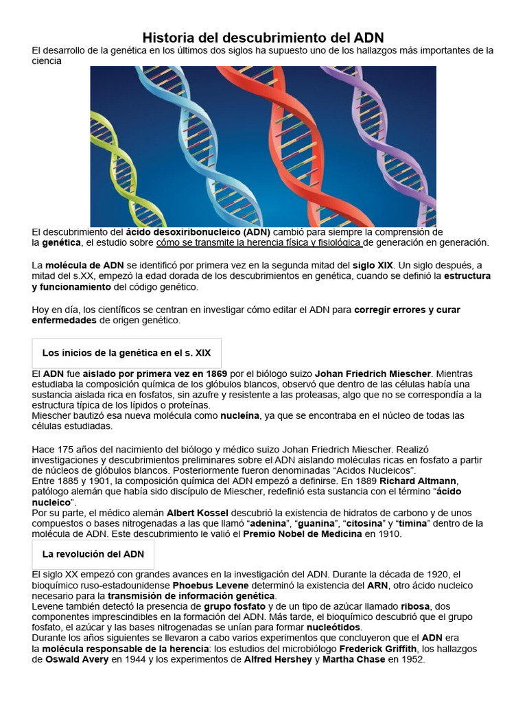 Historia del descubrimiento del ADN | PDF | Adn | Genética