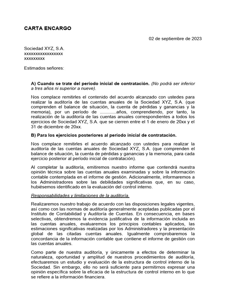 Carta de Encargo Ejemplo | Descargar gratis PDF | Auditoría | Contralor