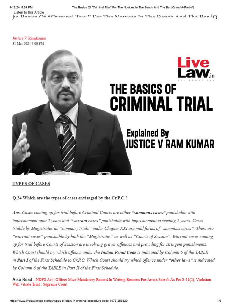 The Basics of "Criminal Trial" (Q and A-Part-V) | PDF | Arrest Warrant ...