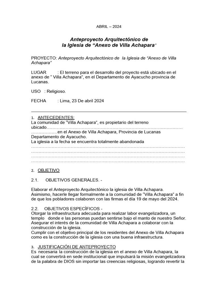 Anteproyecto Iglesia Villa Achapara | PDF | Arquitecto | edificio